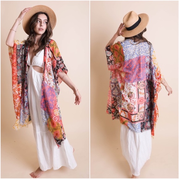 Tops | Boho Colorful Floral Patchwork Open Front Cover Up Kimono | Poshmark